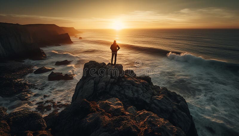 Backlit Men and Women Watch Sunset on Cliff Generated by AI Stock ...