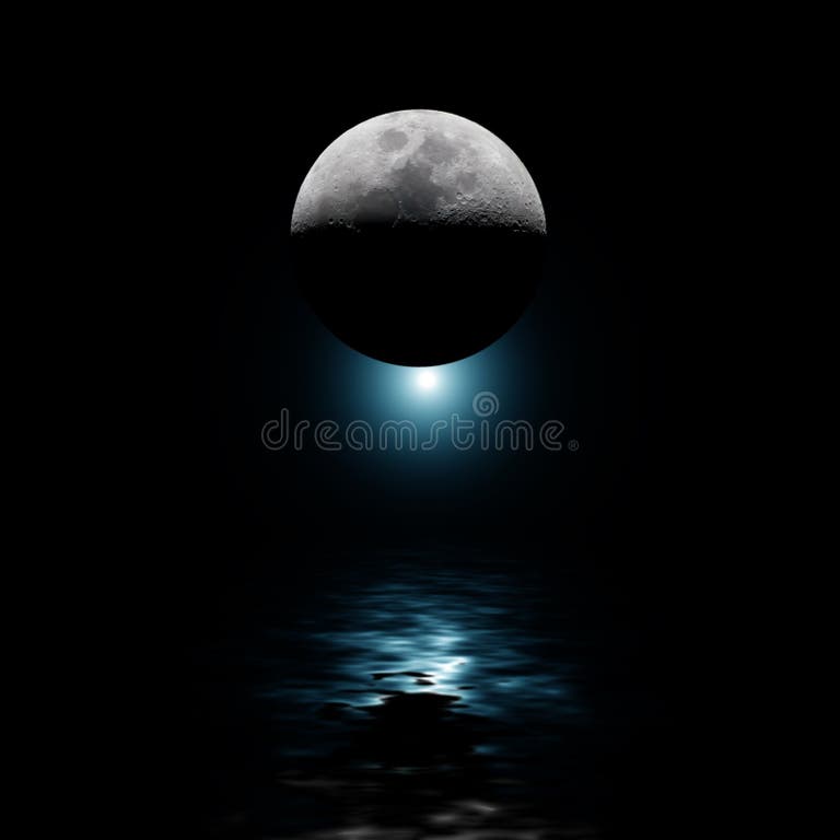 Backlit Moon and Blue Star Over Water Stock Illustration - Illustration ...