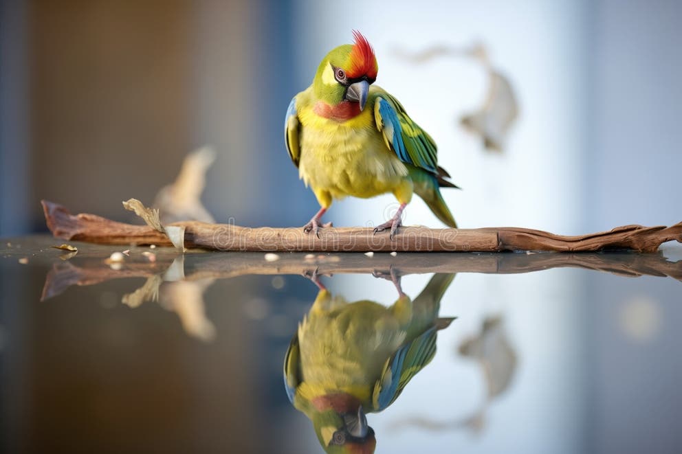 Backlit Parakeet Creating an Illuminated Reflection in the Mirror Stock ...
