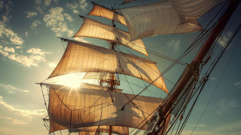 Backlit Sails of a Traditional Tall Ship on the Atlantic, with Copy ...