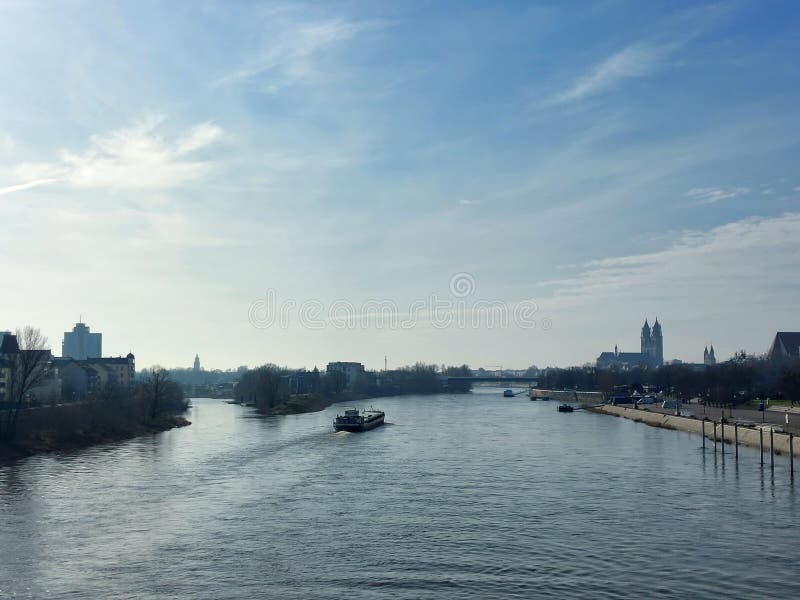 Backlit Shot of Elbe River and Cityscape of Magdeburg Editorial ...