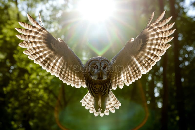 Backlit Shot of Owl in Flight with Sun Creating a Halo through Its ...