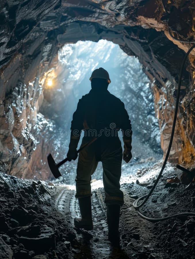 Backlit Silhouette of a Miner Standing in a Mine with a Shovel Over the ...