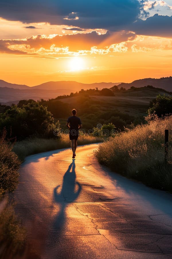 Backlit Silhouette of a Runner on a Path during a Breathtaking Sunset ...