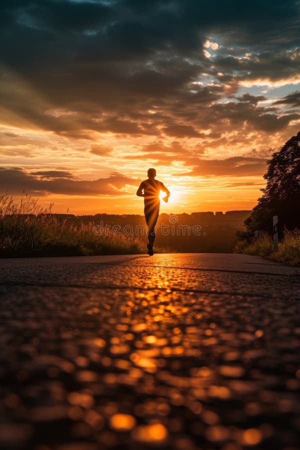 Backlit Silhouette of a Runner on a Path during a Breathtaking Sunset ...