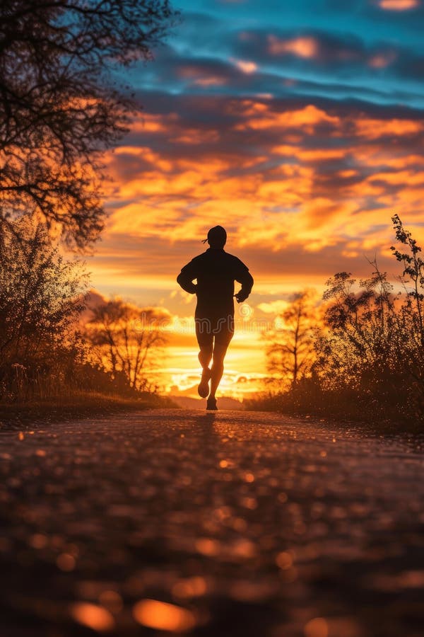 Backlit Silhouette of a Runner on a Path during a Breathtaking Sunset ...