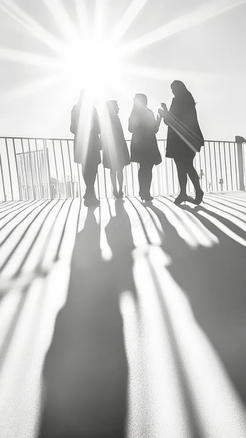 Backlit Silhouettes of Four Women Standing on a Terrace with Dramatic ...