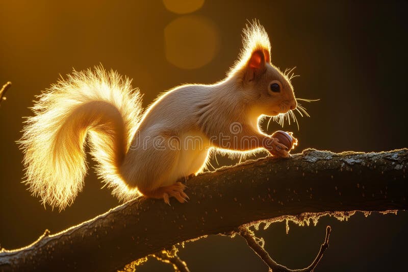 Backlit Squirrel on Limb with Hazelnut in Evening Stock Image - Image of squirrel, wildlife ...