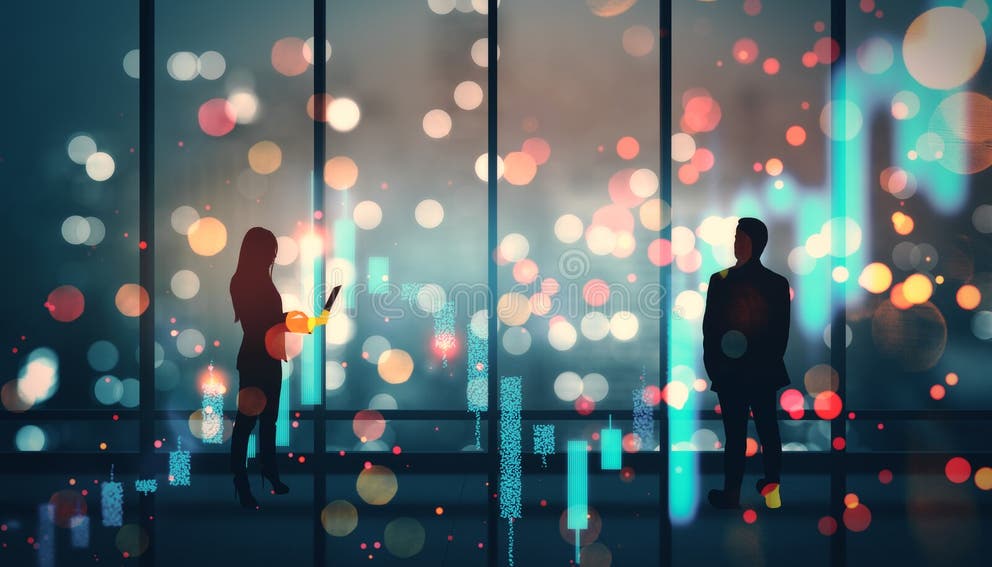 Backlit Team Working Together in Dark Office Interior with Windows ...