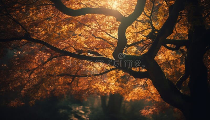 Backlit Tree Trunk Illuminated by Autumn Sunset Generated by AI Stock ...