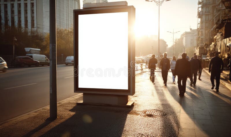 Backlit Urban Billboard with People Walking by at Sunrise Stock ...