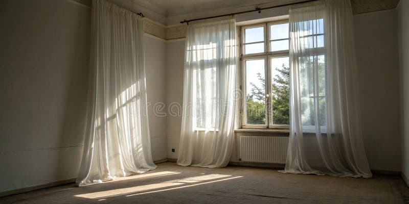 Backlit Window with White Curtains in Empty Room Stock Illustration ...