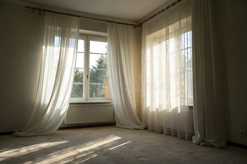 Backlit Window with White Curtains in Empty Room Stock Illustration ...