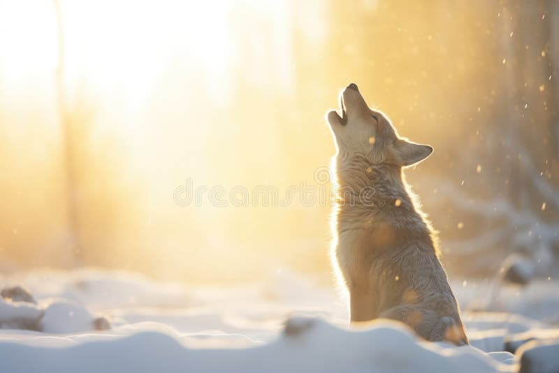 Backlit Wolf Howling on a Wintry Morning, Sunrays through Mist Stock ...