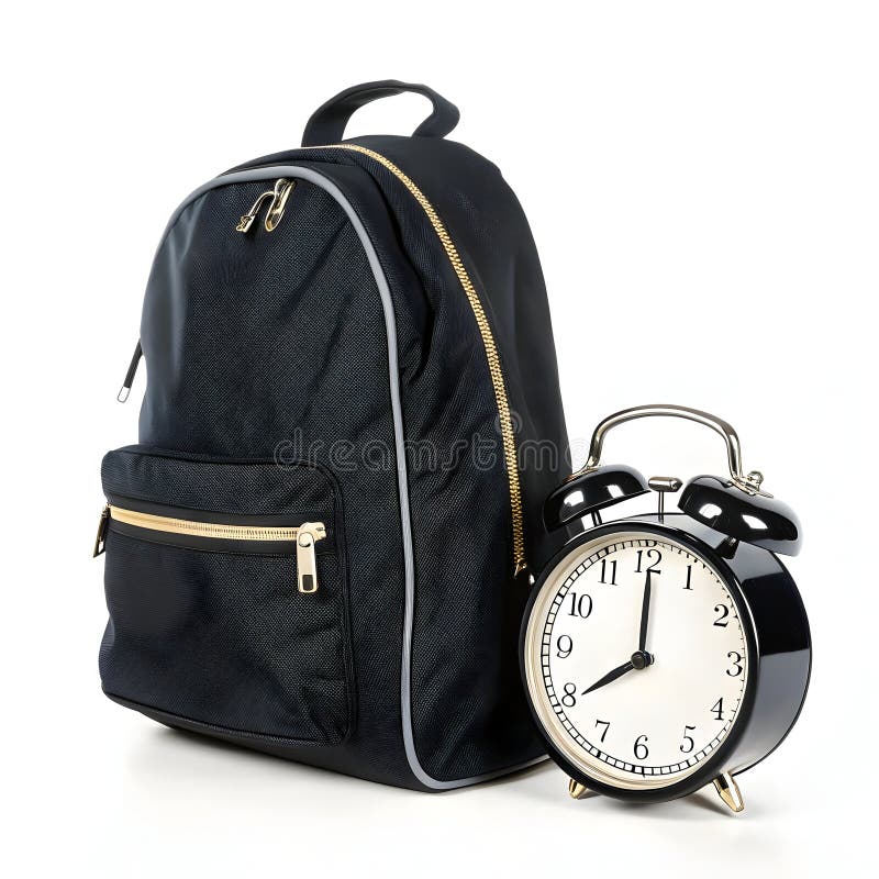 Backpack and Alarm Clock Isolated on White Background Stock ...