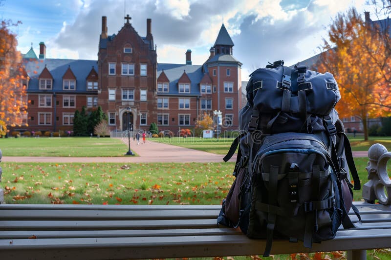 Backpack on Bench with College Buildings Backdrop Stock Photo - Image ...