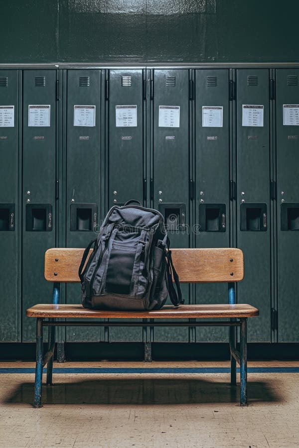 Backpack on Bench Near Lockers Stock Photo - Image of youth, education ...