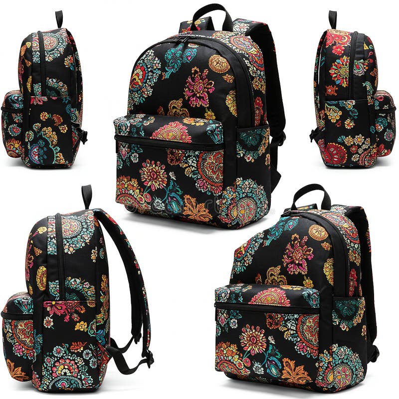 Backpack with a Black Background Adorned with Vibrant Floral and ...