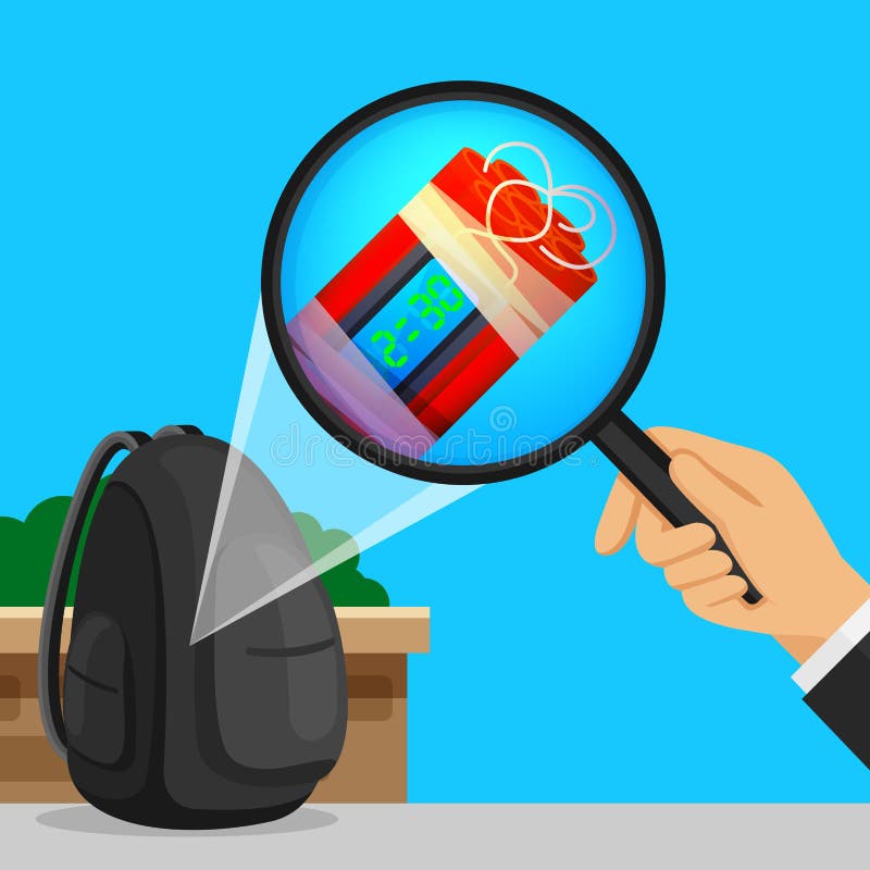 Backpack And Blast Bomb Of Terrorist In The Magnifying Glass, Black ...