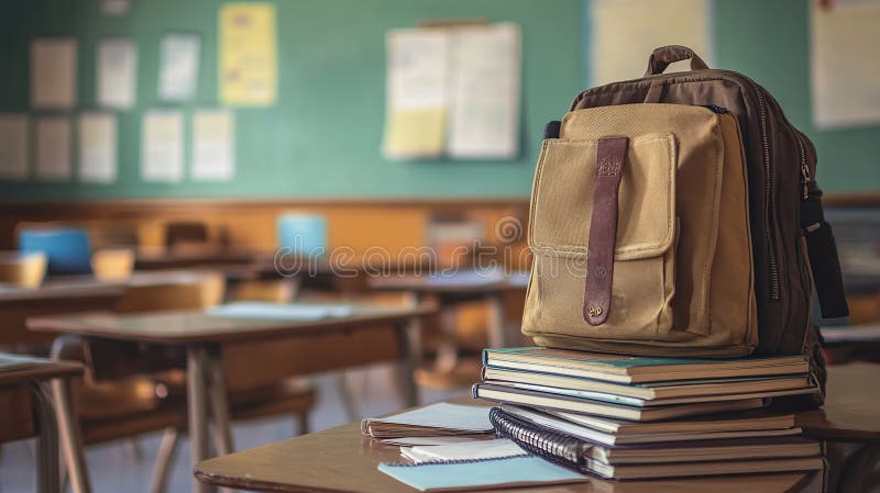 Backpack and Books on Desk in Empty Classroom Stock Image - Image of ...