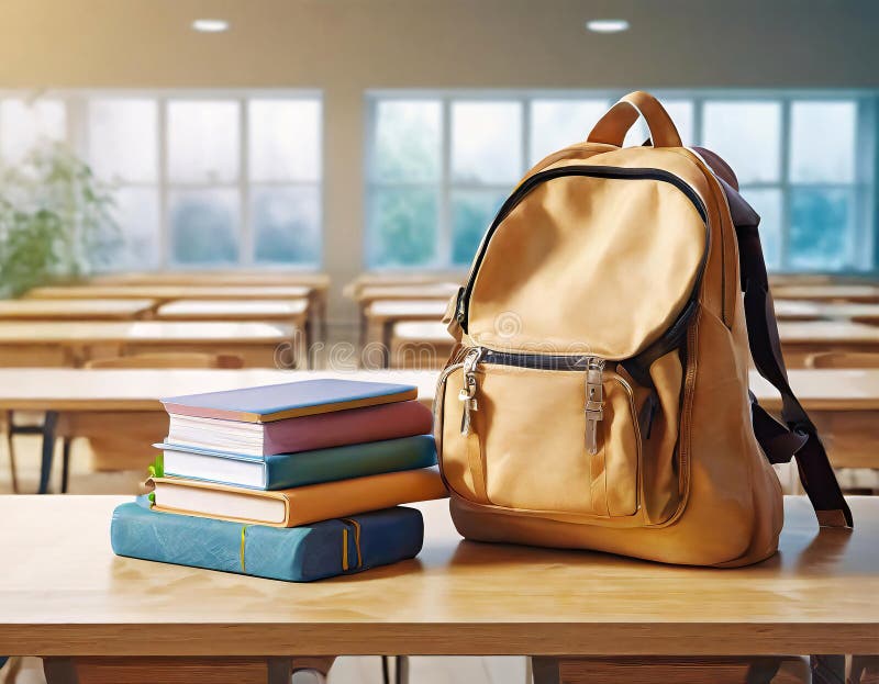 Backpack and Books on the Table in a Modern School Classroom Stock ...