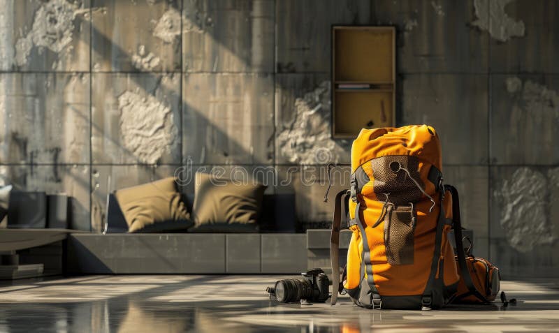 Backpack and Camera in the Interior of the Room. Tourist Equipment ...