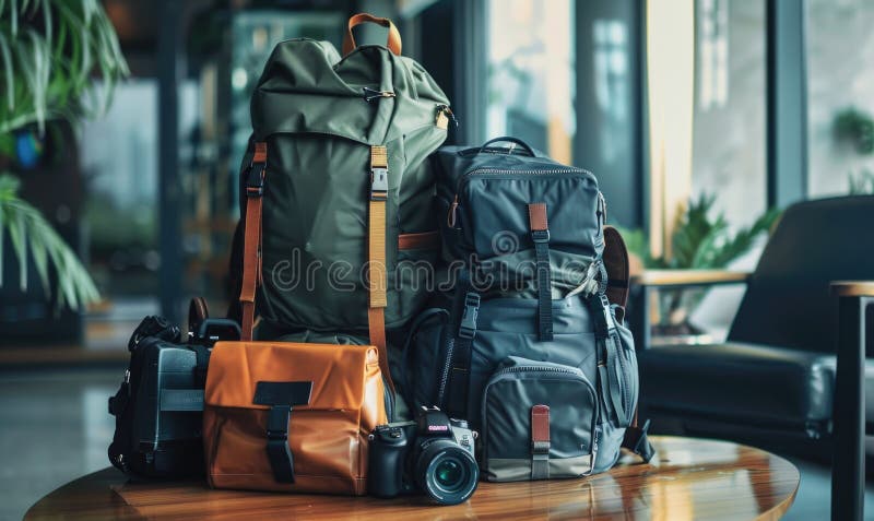 Backpack and Camera on Table. Travel and Adventure Concept Stock Image ...
