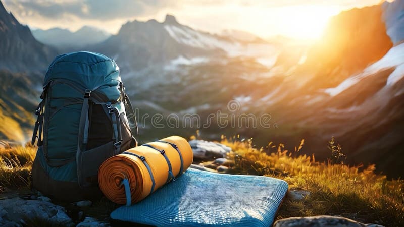 A Backpack and Camping Gear Rest on a Scenic Mountain Slope, Glowing in ...