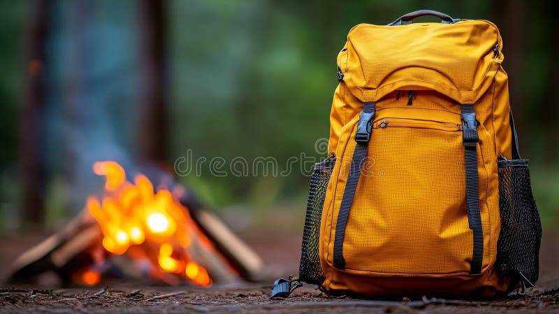 Backpack for Camping Placed Near a Campfire in the Woods at Dusk Time ...