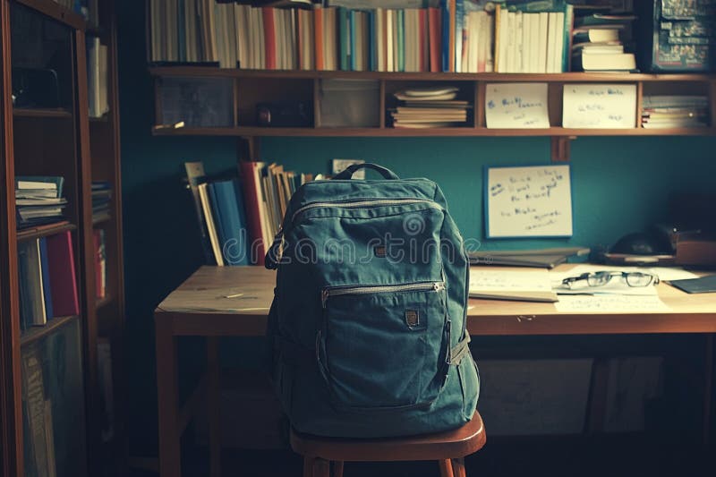 Backpack on Chair in Study Room, Home Office with Desk and Shelves Full ...