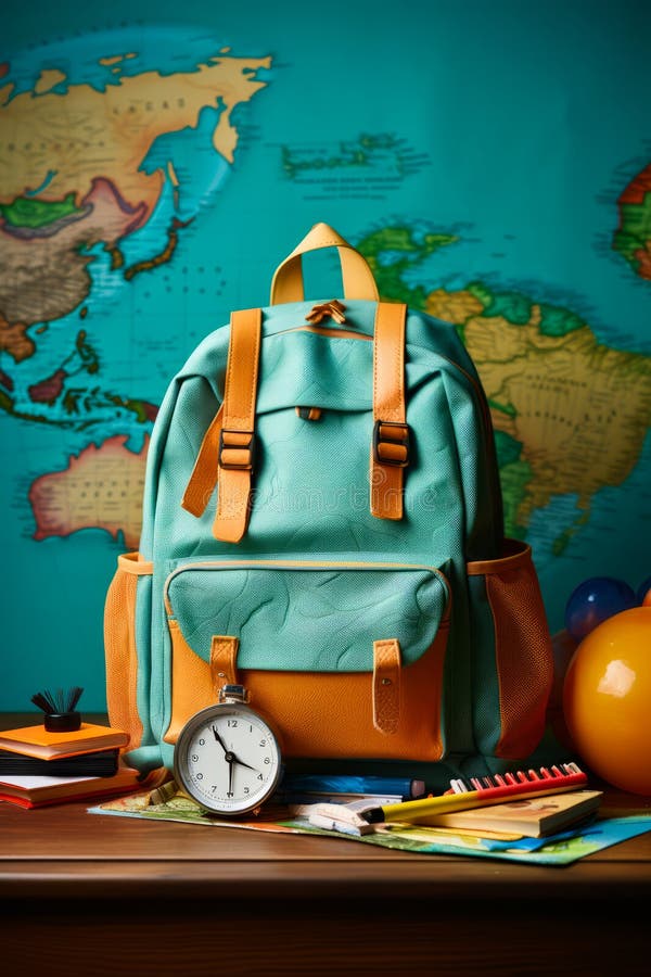 Backpack with Clock and Pencils on Desk. Generative AI Stock ...