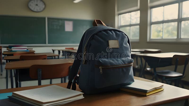 Backpack Copybooks on Desk in Classroom Stock Illustration ...