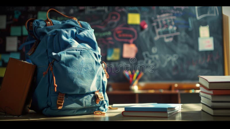 Backpack on a Desk in a Classroom with Books and Blackboard, Generative ...
