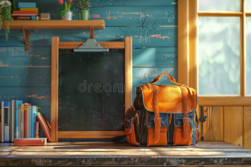 A Backpack on a Desk Next To a Blackboard, Back To School Concept Stock ...