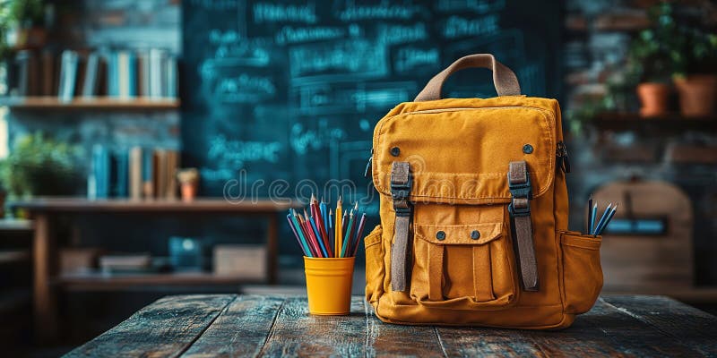 Backpack with Different Colorful Stationery on Table. Banner Design ...