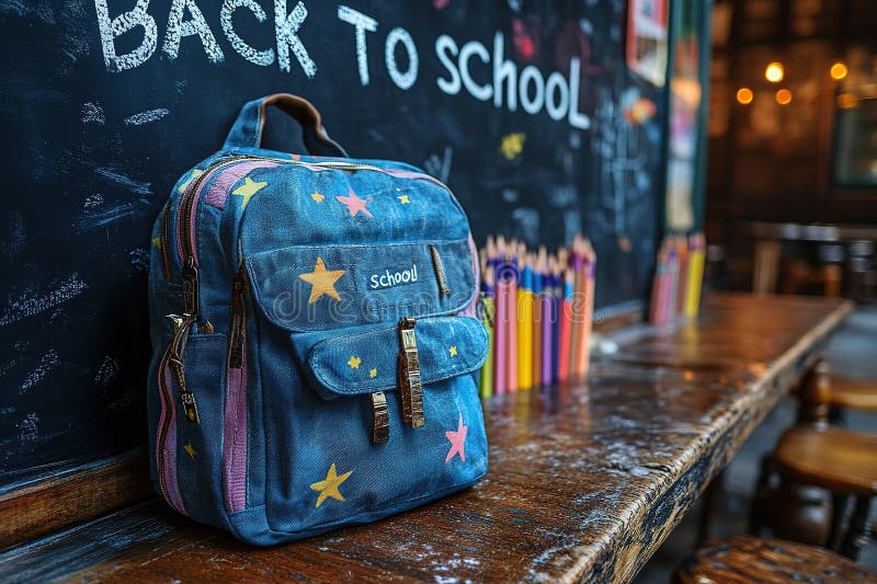 Backpack with Different Colorful Stationery on Table. Banner Design ...