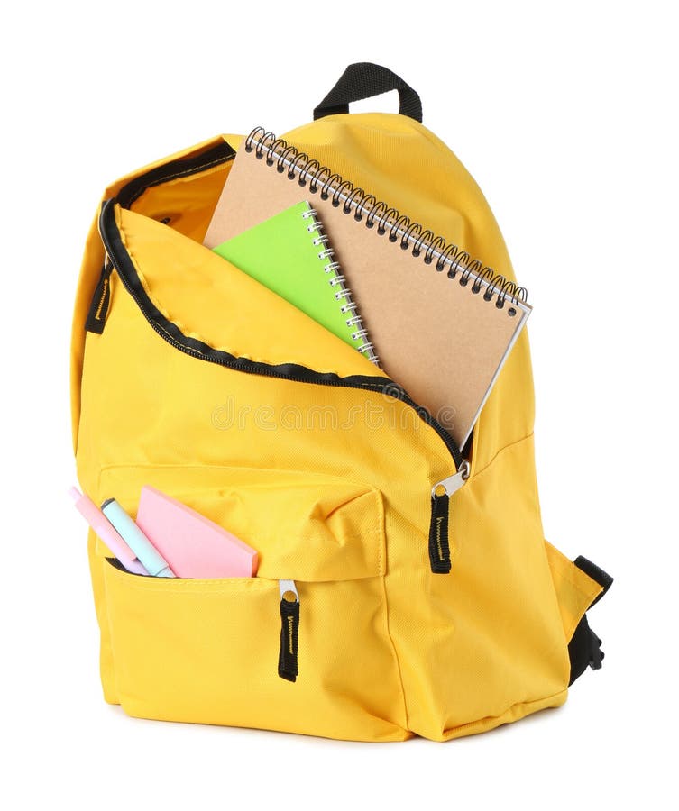 Backpack with Different School Stationery Isolated on White Stock Photo ...