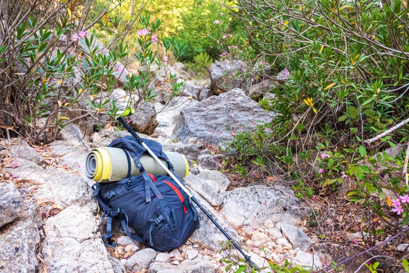 Backpack Equipped for Free Camping in the Mountains, on Some Rocks ...