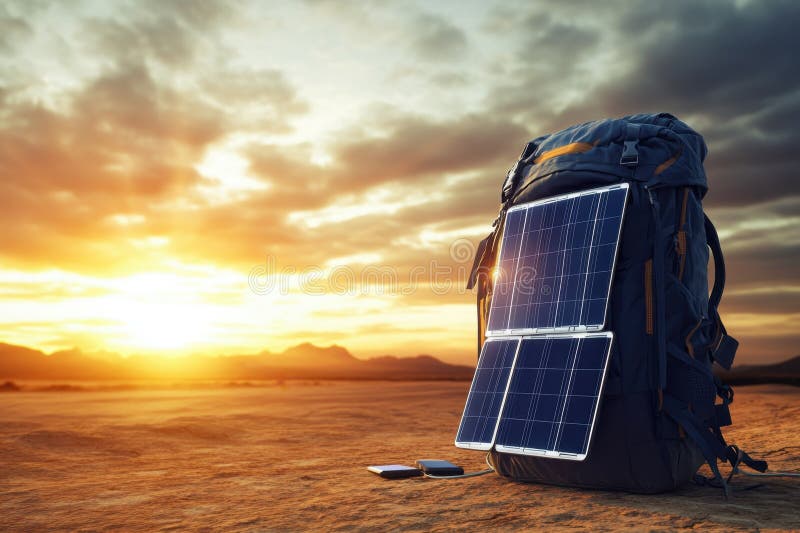 Backpack with Solar Panels at Sunset in Desert Landscape with Mountains ...