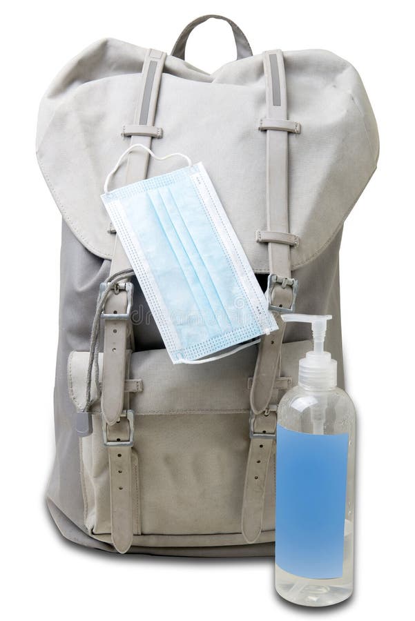 Backpack, Face Mask and Hand Sanitizer Stock Image - Image of sport ...