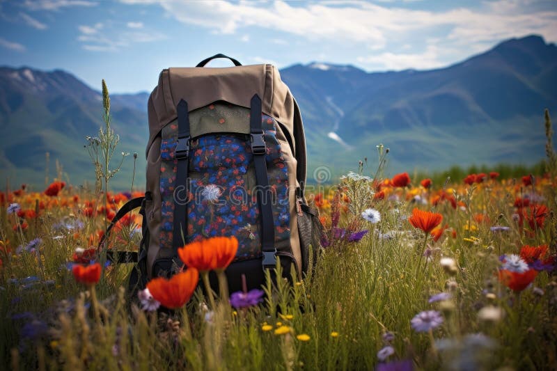 Backpack in a Field of Wildflowers and Mountain Backdrop Stock ...
