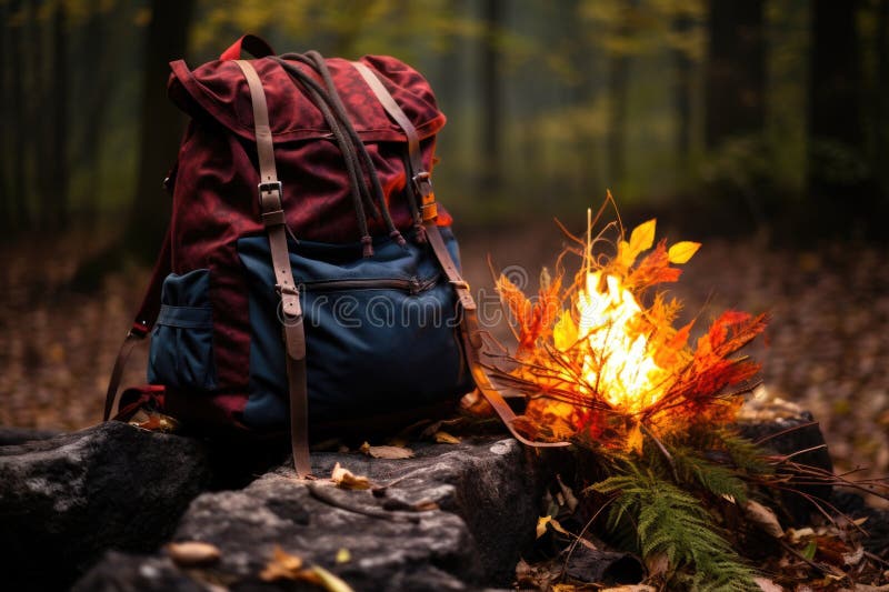 A Backpack Filled with Autumn Leaves Sitting Next To a Lit Campfire ...