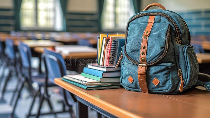 Backpack Filled with Books and School Supplies is on the Desk in an ...