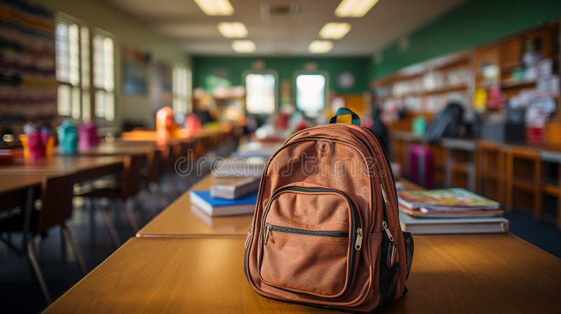 Backpack Filled with Books and School Supplies is on the Desk in an ...