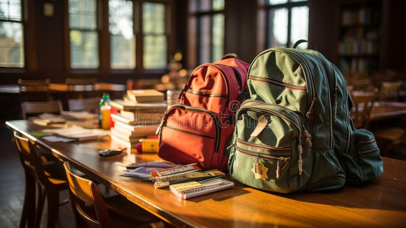 Backpack Filled with Books and School Supplies is on the Desk in an ...