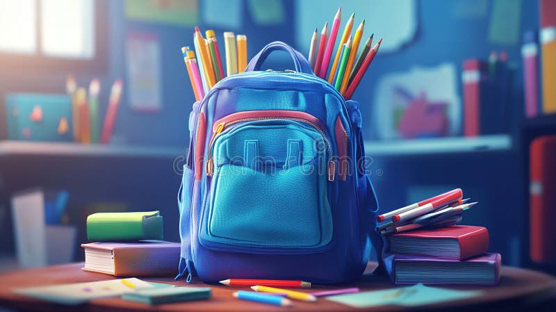 Backpack Filled with School Supplies on a Table Stock Illustration ...