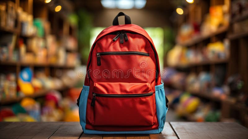 Backpack Filled with School Supplies on a Table in a Library Stock ...