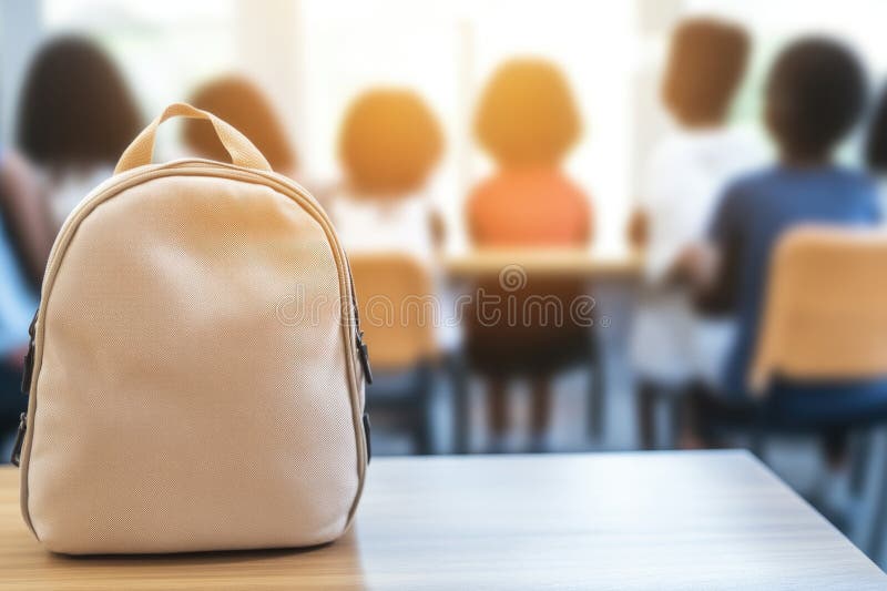 Backpack in Focus with Blurred Students in Classroom Setting Stock ...