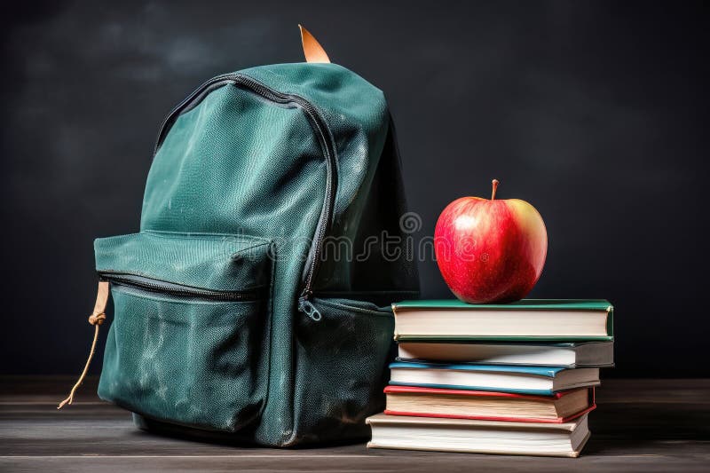 Backpack Full of School Supplies on Table and Blackboard Front ...