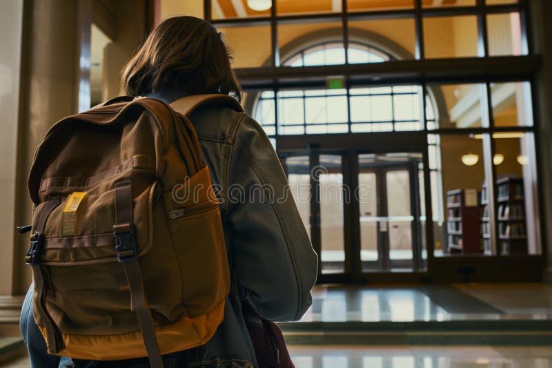 Backpack Hanging on Shoulder of Student at Library Entrance Stock ...